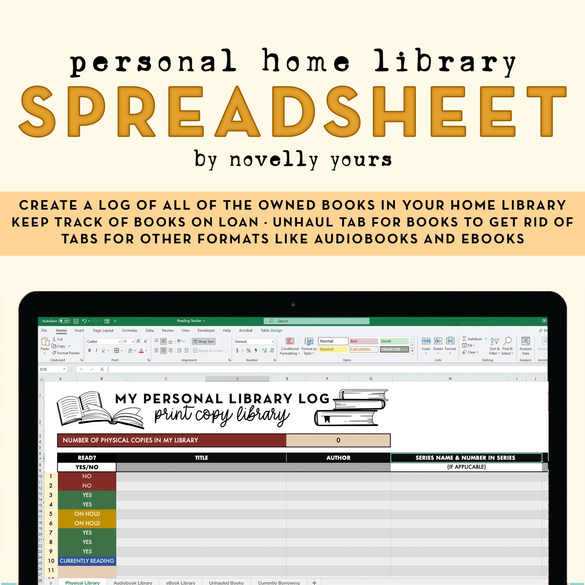 Personal Home Library Log spreadsheet - track your books – Novelly Yours
